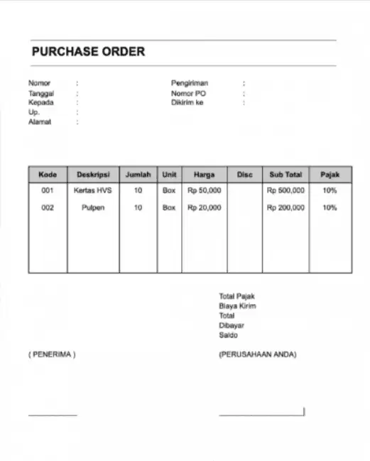 Contoh PO (Purchase Order) dan Fungsinya dalam Proses Transaksi