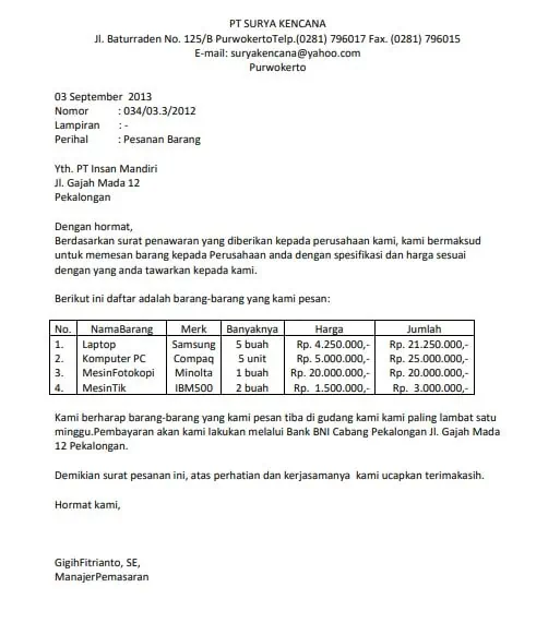 Contoh Surat Pesanan Barang: Cara Buat, Fungsi dan Tipsnya