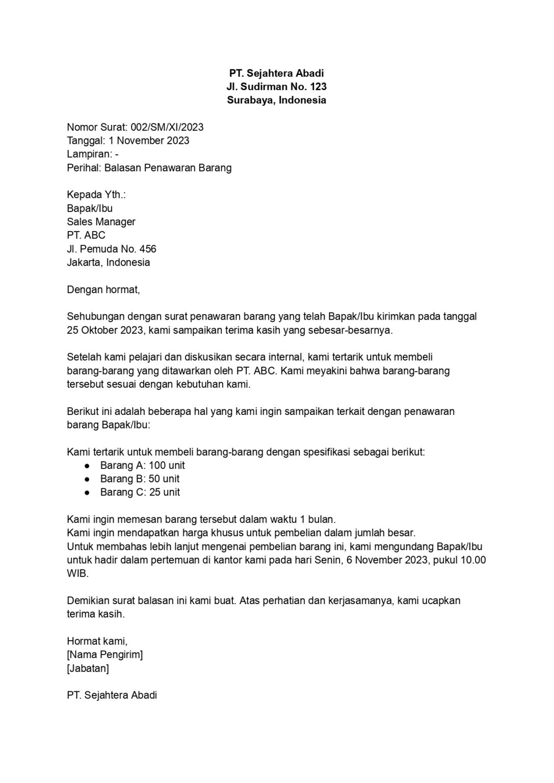 Contoh Surat Balasan Penawaran, Format dan Cara Menulisnya