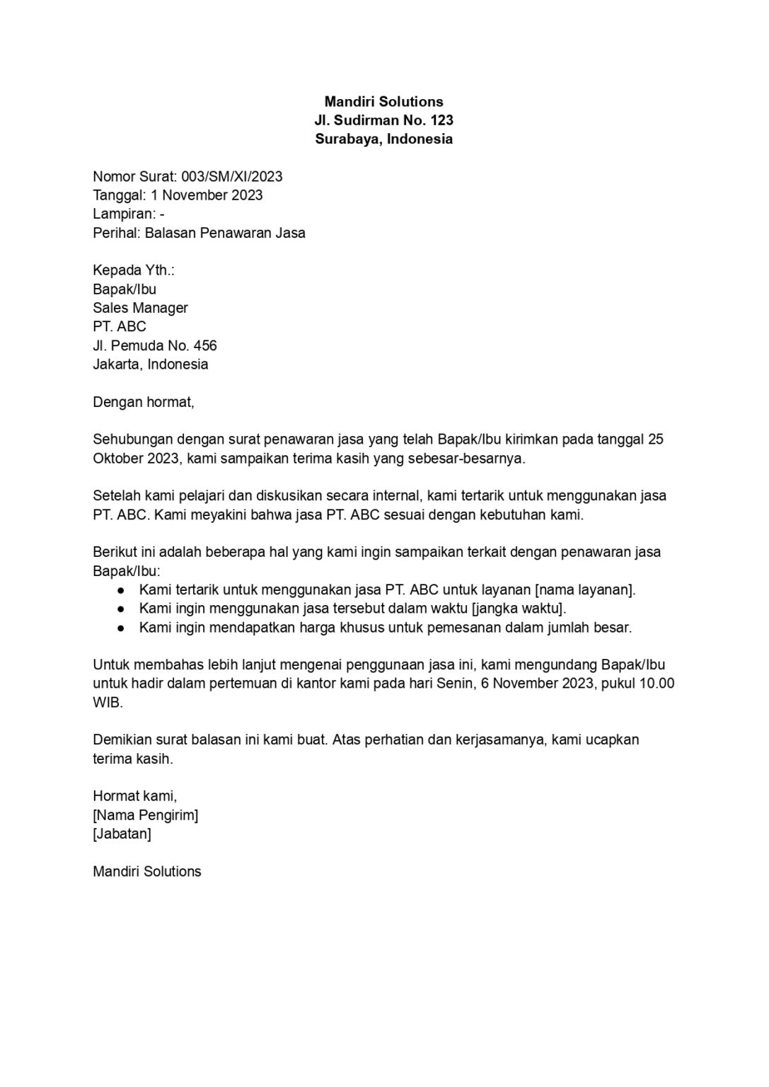 Contoh Surat Balasan Penawaran, Format dan Cara Menulisnya