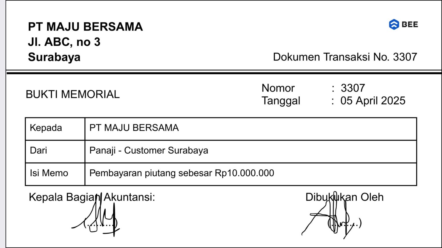 Contoh Bukti Memorial, Fungsi, Jenis Transaksi dan Jurnalnya