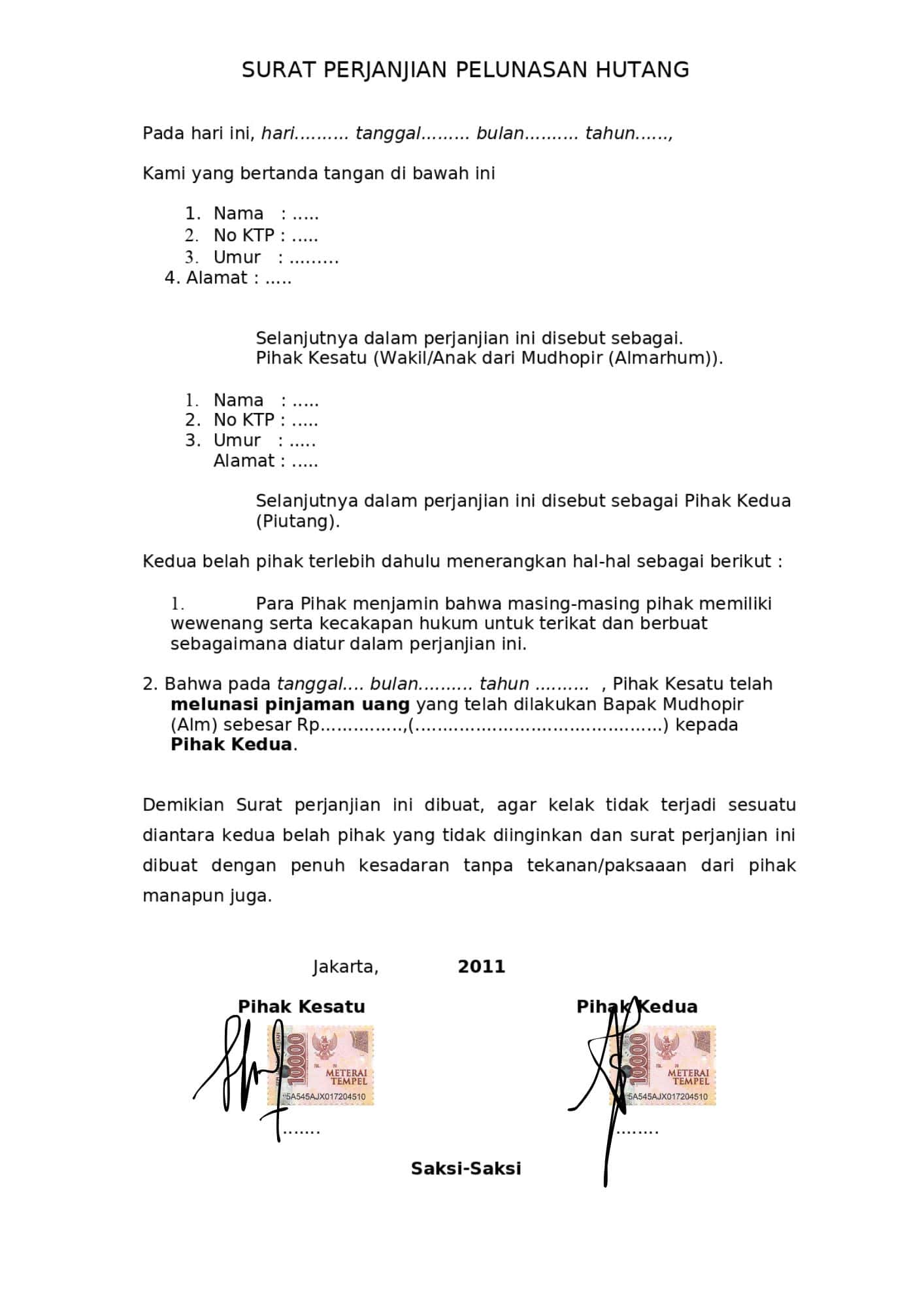 Contoh Surat Perjanjian Pelunasan Hutang, Format dan Fungsinya