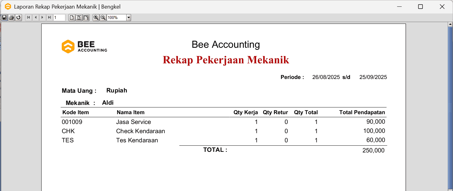 Laporan Rekap Kerja Mekanik BeeAccounting